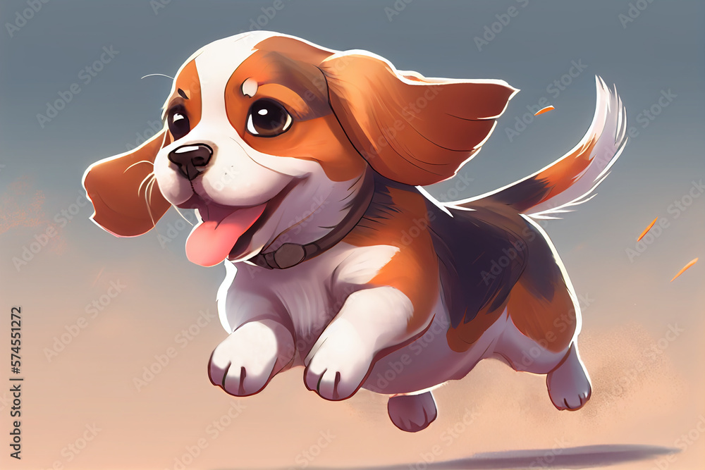 Cute cartoon beagle dog anime plays runs and smiles. ilustração do ...