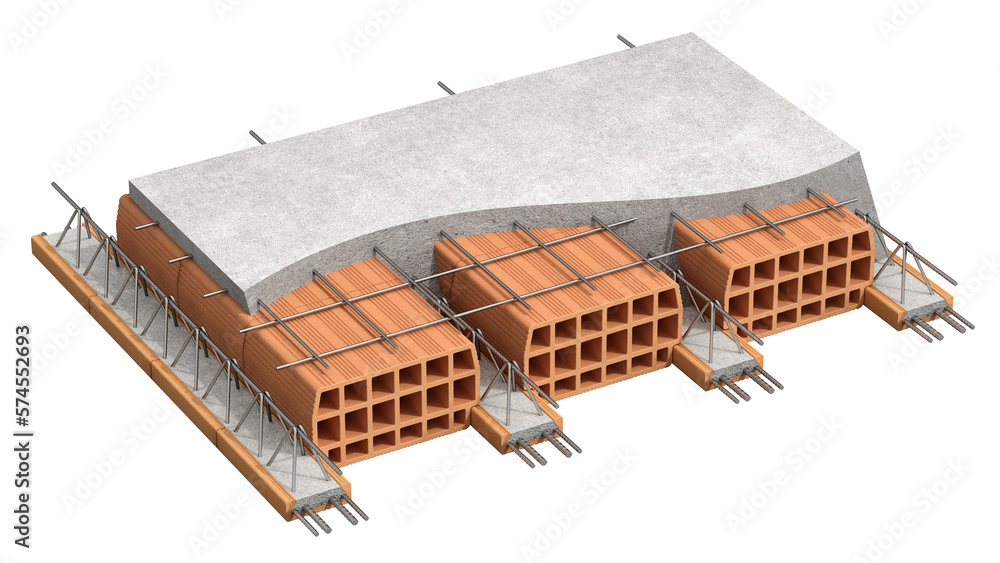 Hollow clay floor slab block system V1 cross section isolated on white ...