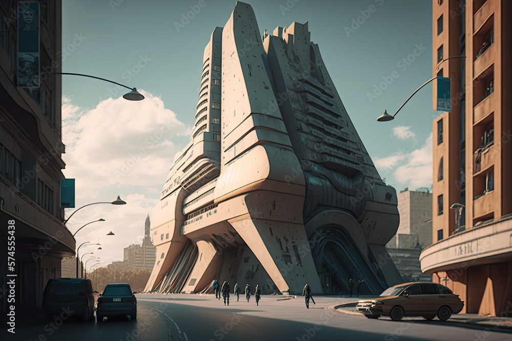 Busy sci-fi Soviet Russian city street with brutalist architecture ...