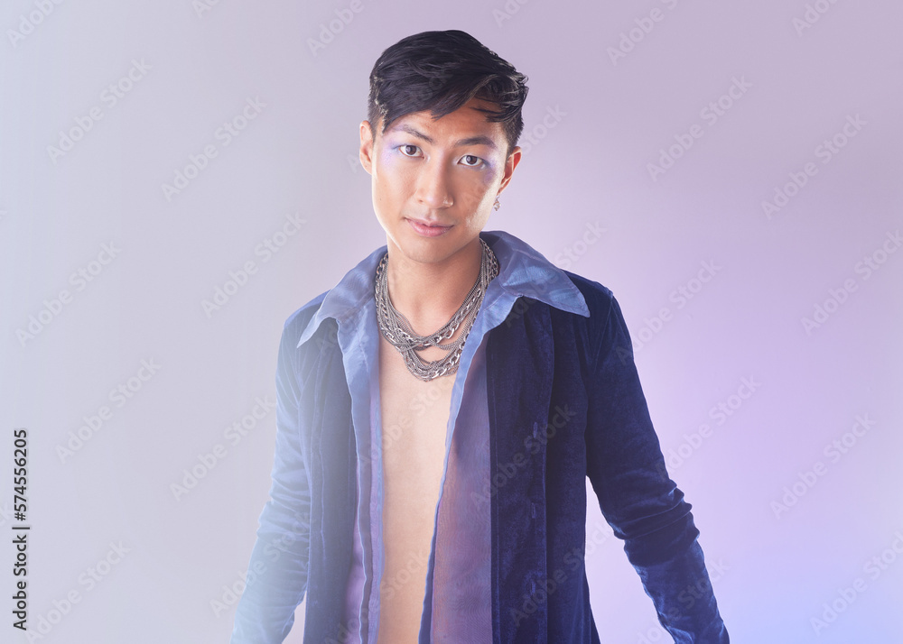 Art, makeup and lgbt portrait of man in Indonesia, gen z person ...