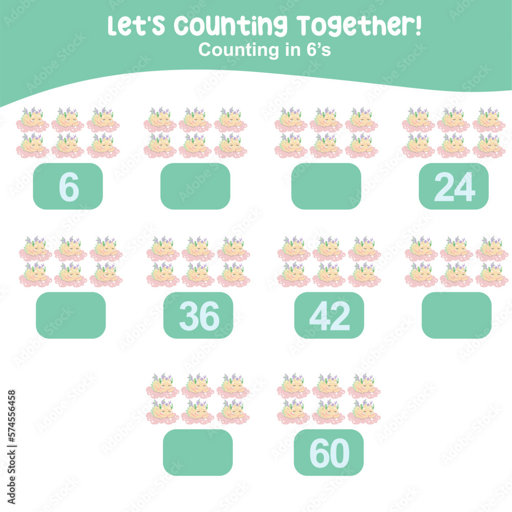 Counting by six's the cute and kawaii baby dragon sleeping on the cloud ...