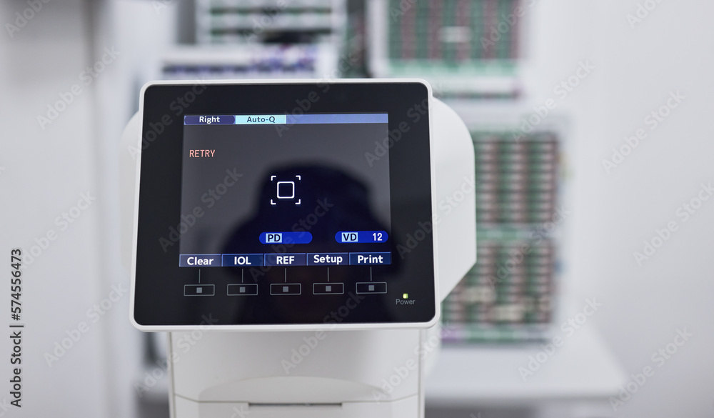 Optometry, healthcare and digital screen for eye exam with machine for ...