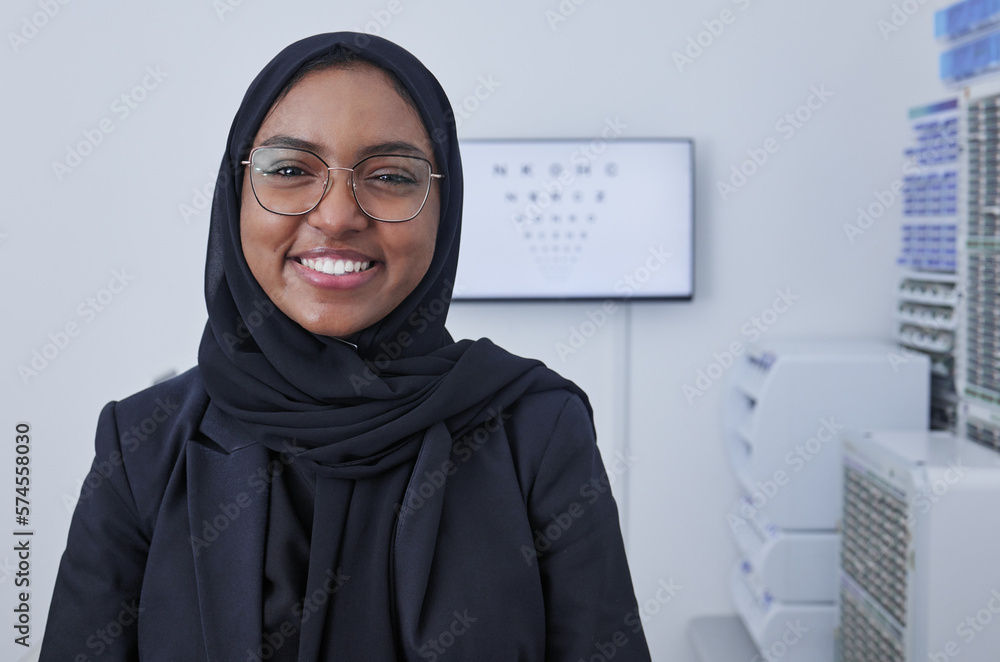 Hijab, happy muslim woman and optometrist portrait in a doctor office ...