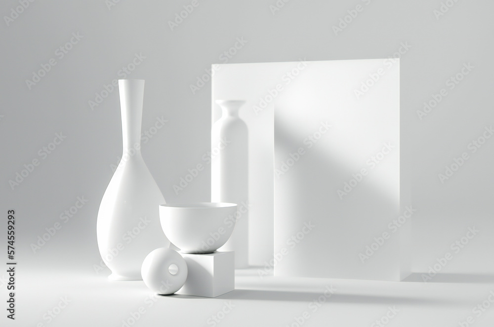 White still live with white objects against white background. Created ...