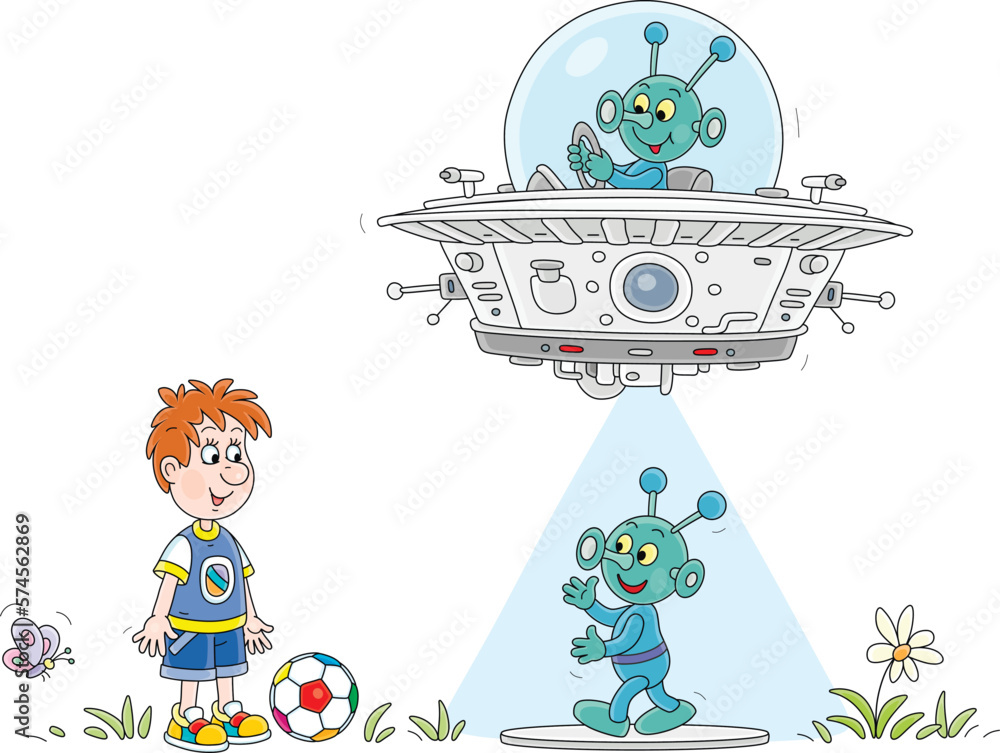 Funny aliens in their small flying saucer meeting a surprised little ...