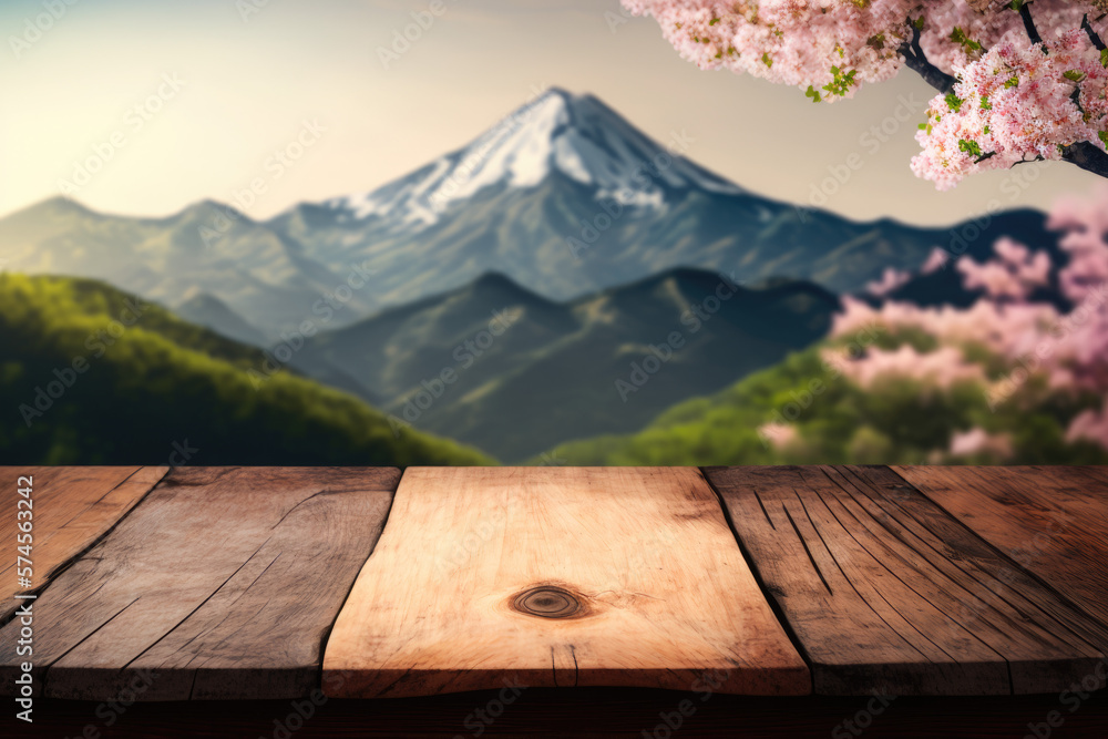 Wooden table top with pink cherry blossom or sakura flowers mock up ...