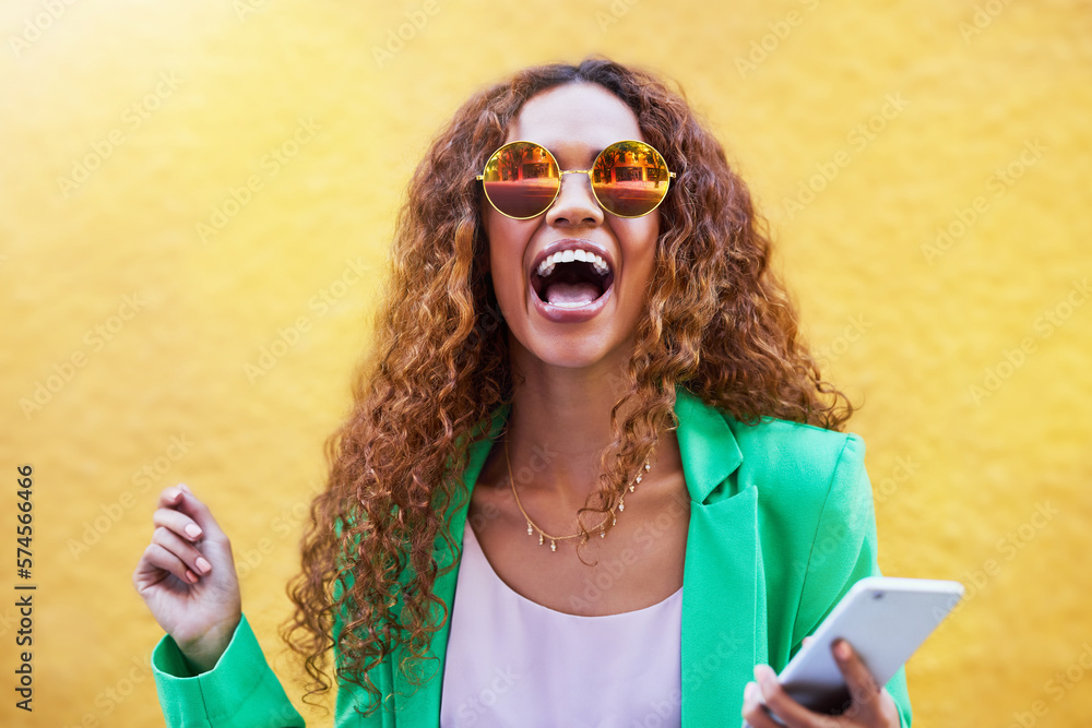 Smile, fashion and face of black woman with phone for social media ...