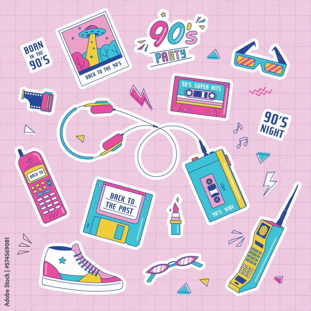 Big set of Retro patch badges with cassette, diskette, walkman ...