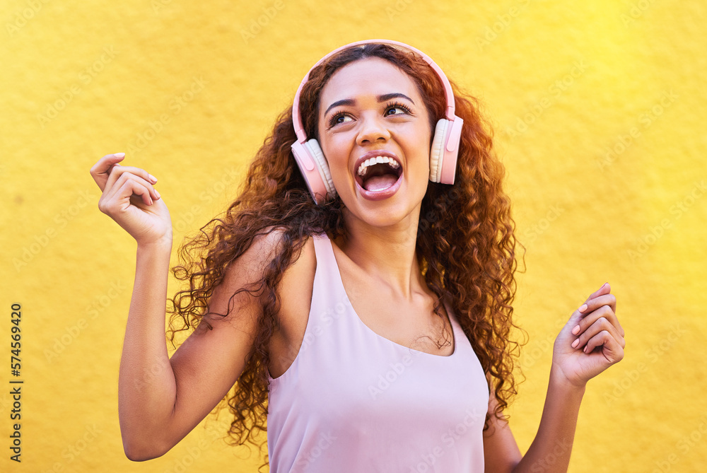 Music, idea and dance with a black woman listening to the radio outdoor ...