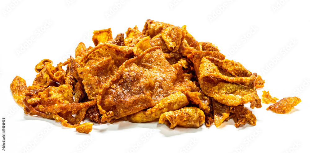 Crispy fried chicken skin on white background. Stock Photo | Adobe Stock