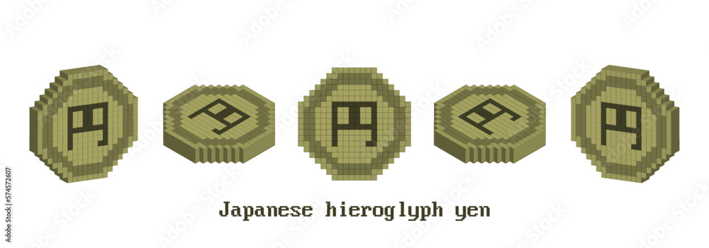 Vector set of 3d square coins made of pixels. Volumetric corner token ...