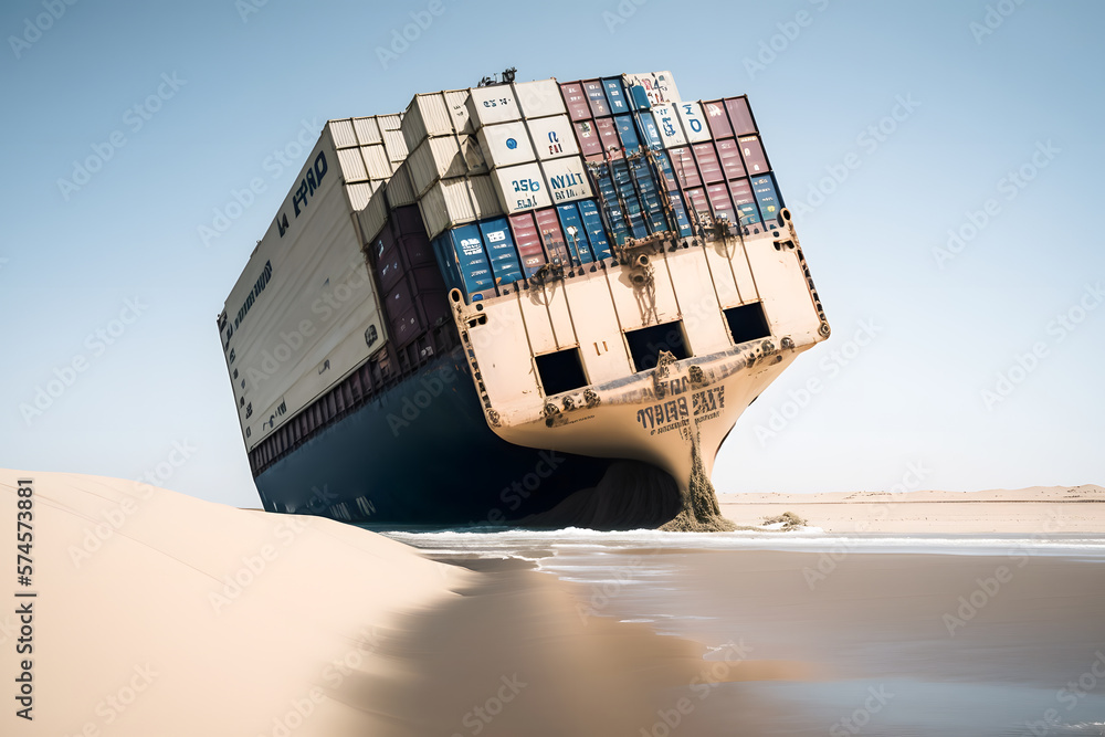 Container cargo ship accident crash sandy canal. Concept Global problem ...