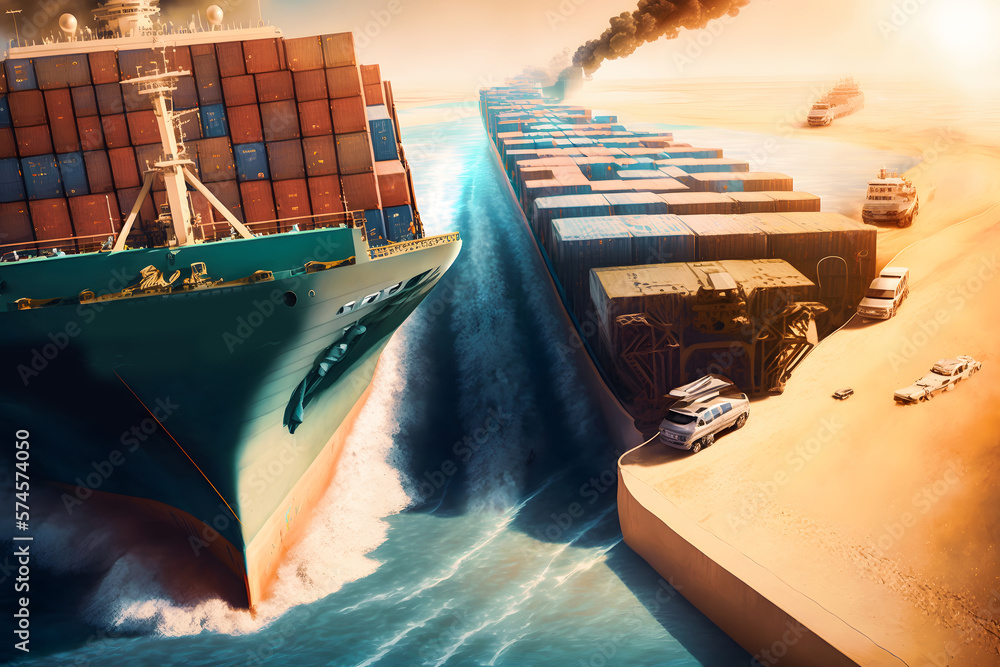 Concept Global problem with marine traffic. Container cargo ship ran ...