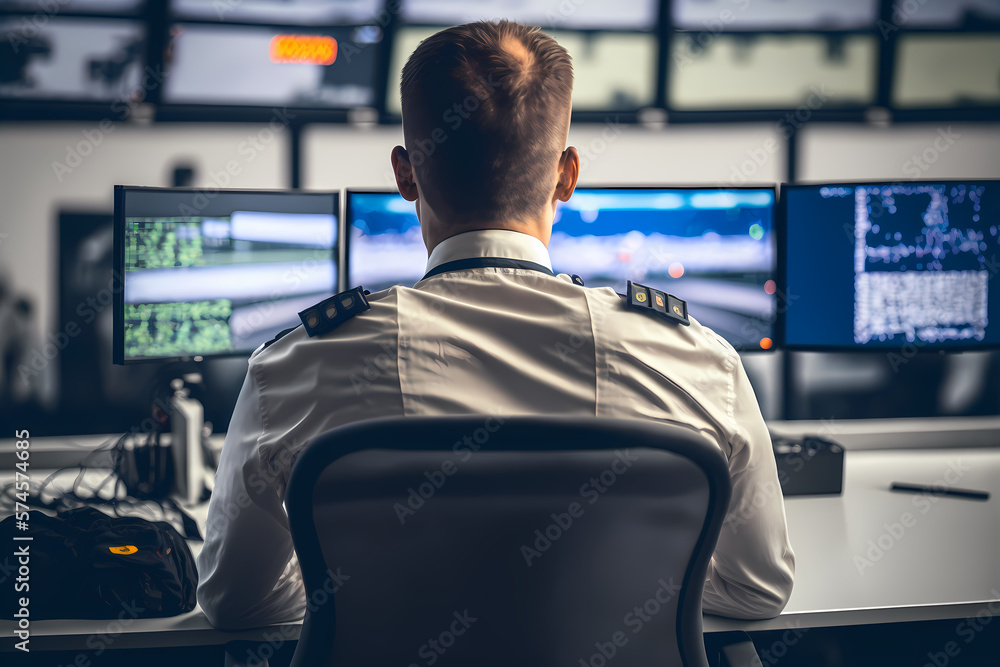 Security guard monitoring Computer Screen with CCTV cameras indoors ...