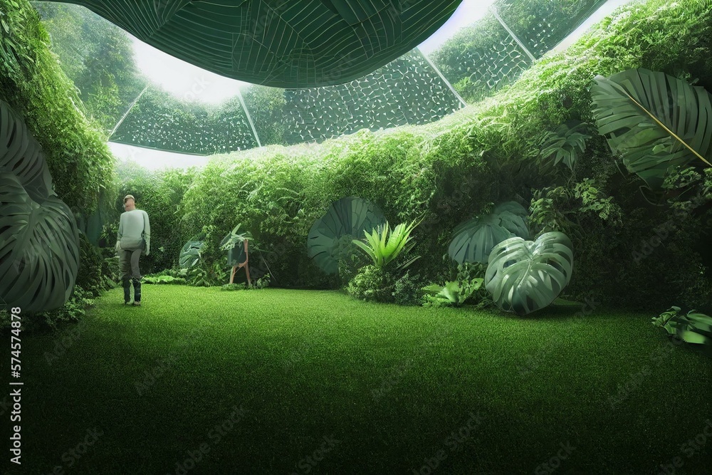 Futuristic geodesic ecological interior of the wall inside the house ...