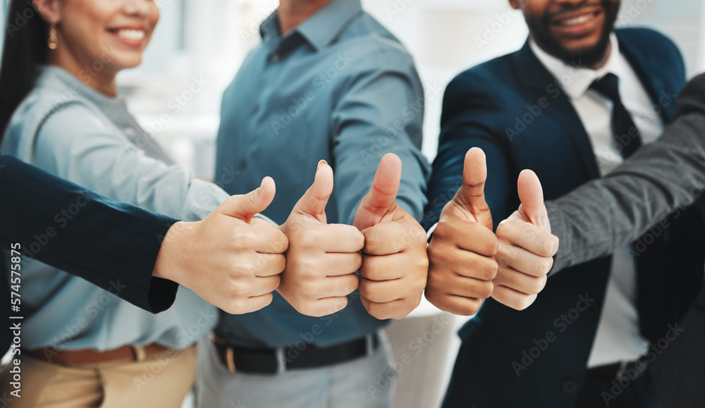 Thumbs up, success and group closeup or people winning, support or thank you hands or emoji. Yes ...
