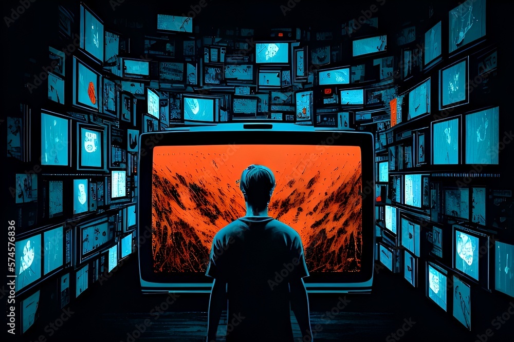 Man watches a lot of televisions in dark room. TV addiction, and fake ...