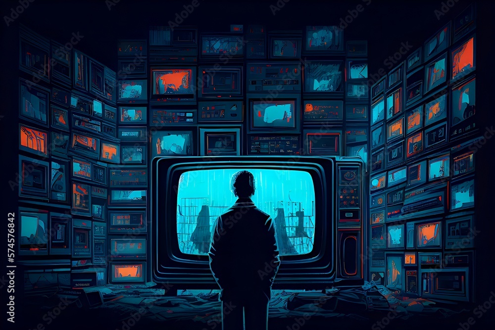Man watches a lot of televisions in dark room. TV addiction, and fake ...