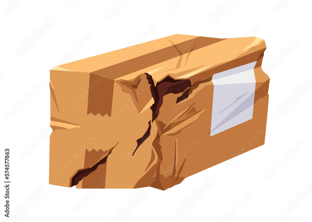 Damaged torn cardboard box, parcel. Creased crinkled package. Crumpled ...