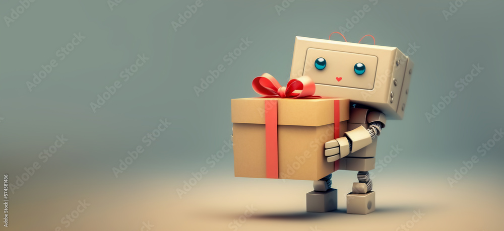 cute little robot with gift box. banner with copy space. generative AI ...