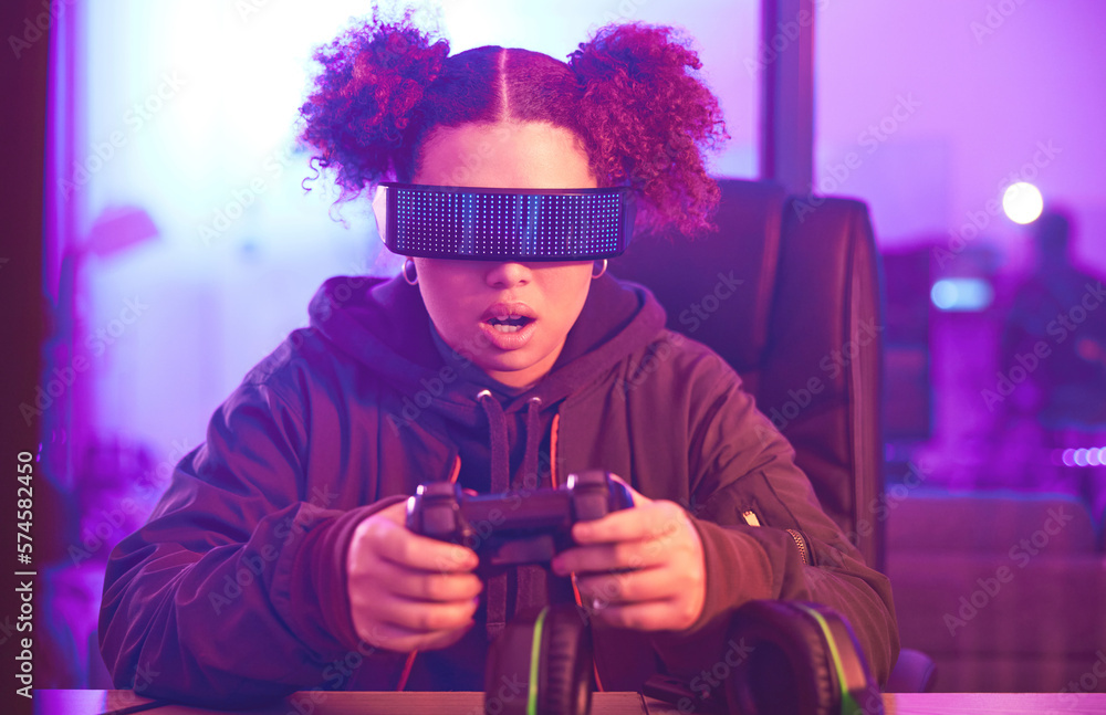 Night Virtual Reality And Gaming Girl With Joystick Innovation And Vr Metaverse In Neon