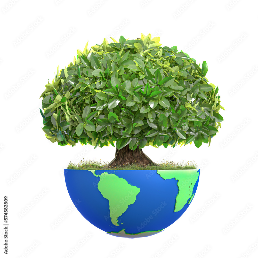 Big tree on half globe on transparent background. Environment and ...
