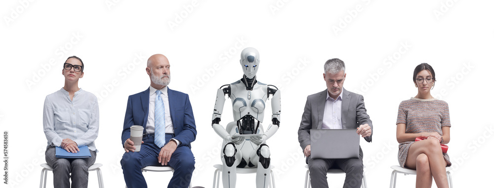 Business people and humanoid robot waiting for a job interview Stock ...