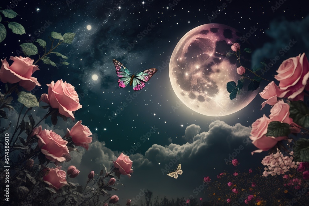 Fairy tale magical deep dark night sky with shining stars, moon ...