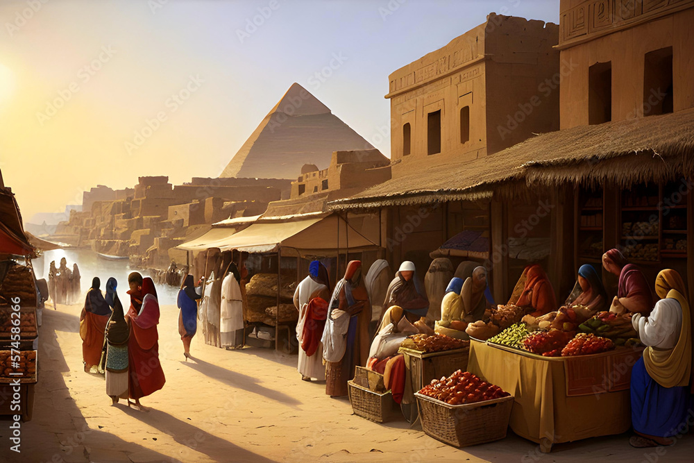 Historical Illustration of a market in Ancient Egypt with the Pyramids ...