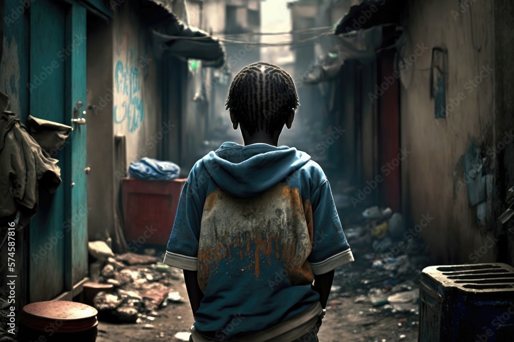 Photo & Art Print Hungry boy on the slum district. Back view ...