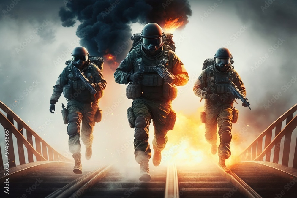 A group of soldiers in full masks, racing across a bridge under heavy ...