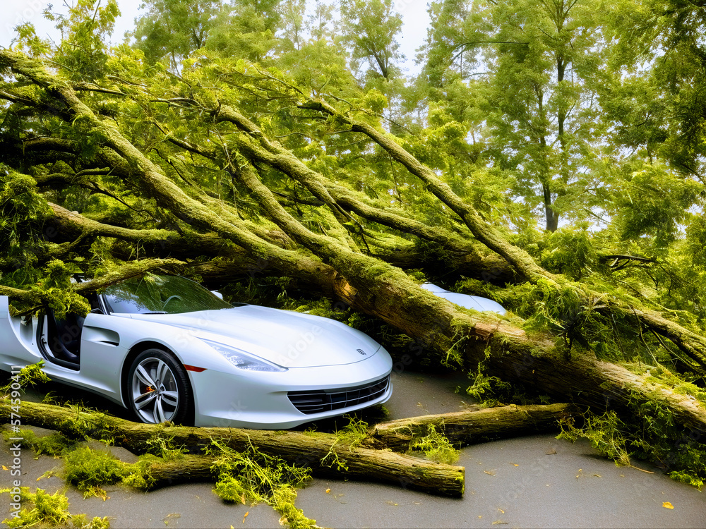 Massive Tree Fallen on Top of Car Accident Wreckage from Either Unsafe ...