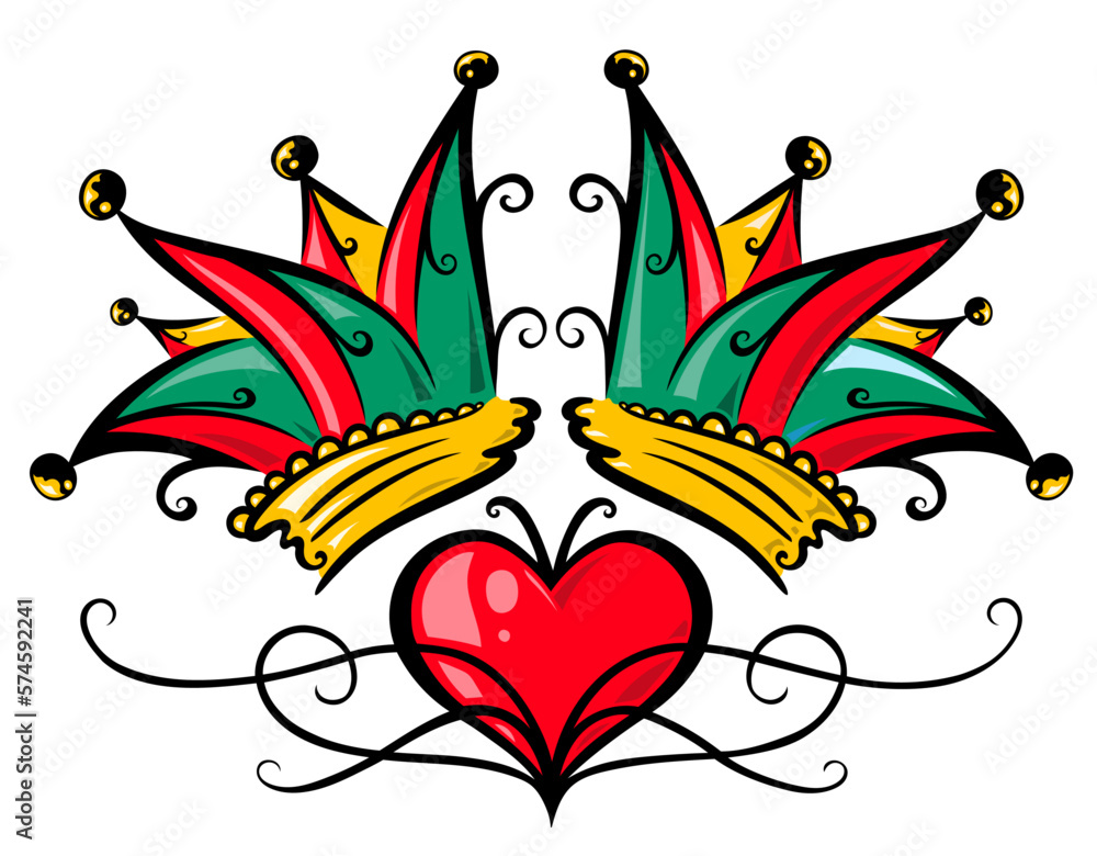 Narrenkappe Karneval Herz Tattoo. Verliebt im Karneval. vector de Stock ...