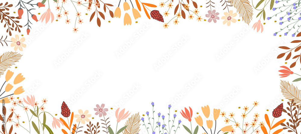 Autumn flowers frame,Fall horizontal banner with cute hand drawn ...