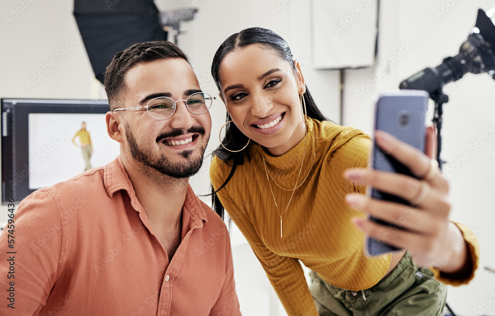 Couple, phone selfie and film studio for smile, camera and vision for ...