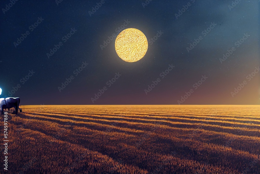 Cow in the tractor beam of a UFO over a pasture at night, created with ...