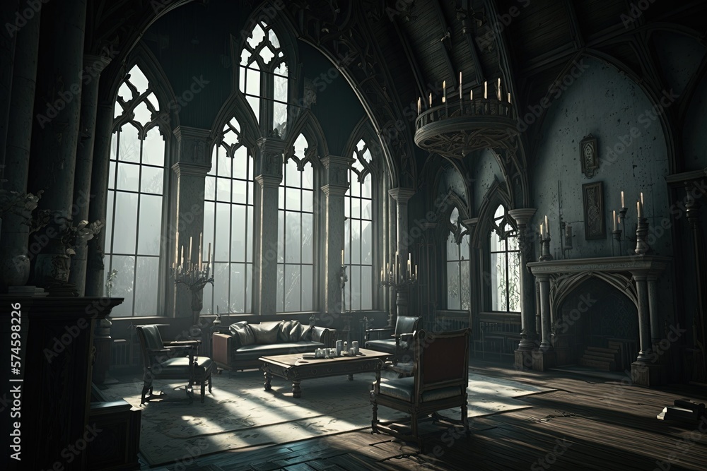 The large living room is filled with a dark and mysterious atmosphere ...