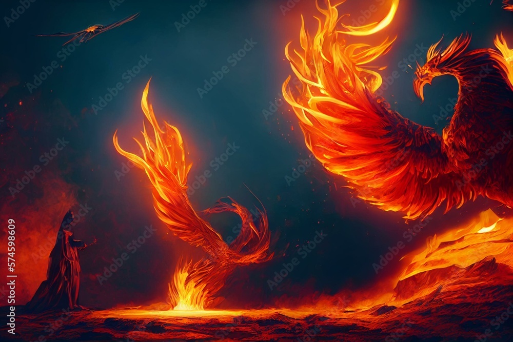 Mage Summoning A Fiery Pheonix Fire Bird Fantasy Background Digital Illustration Concept Art
