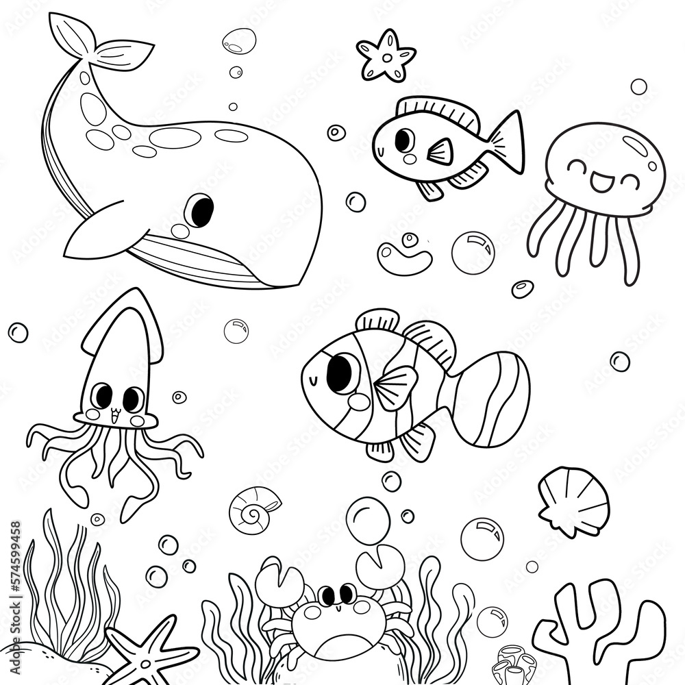Underwater adventure coloring page for kids Stock Illustration | Adobe Stock