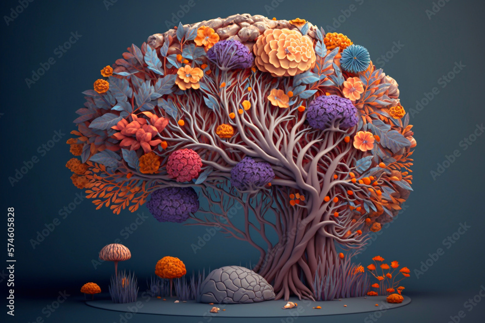 Human brain tree with flowers self care and mental health concept. AI ...