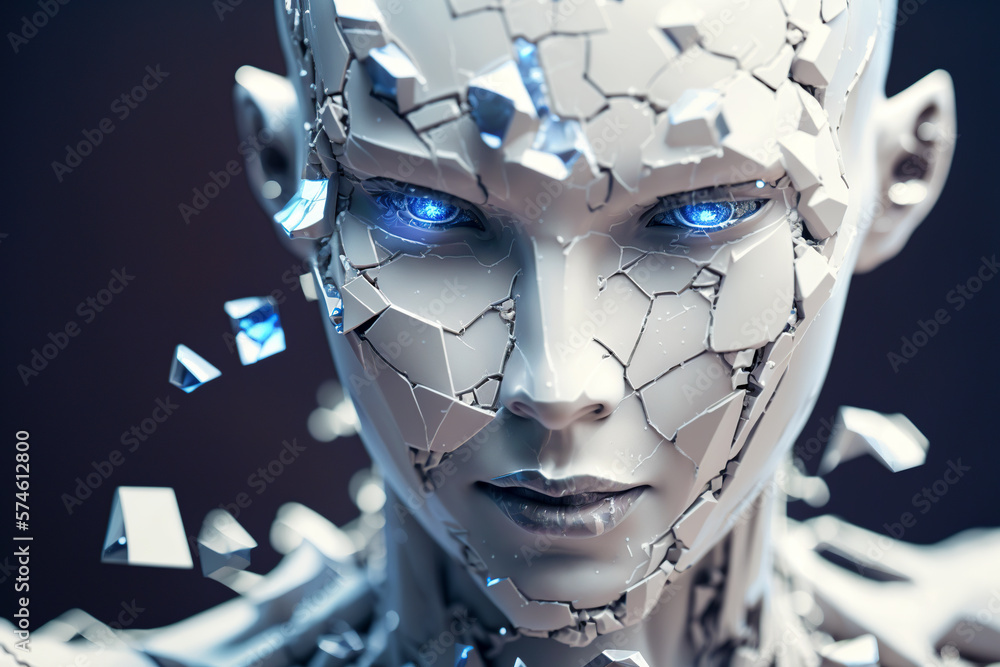 Porcelain white humanoid cyborg with blue glowing eyes. Android. AI ...