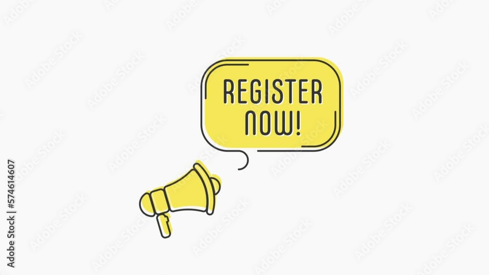 Register now! Announcement Message With Megaphone and yellow Speech ...
