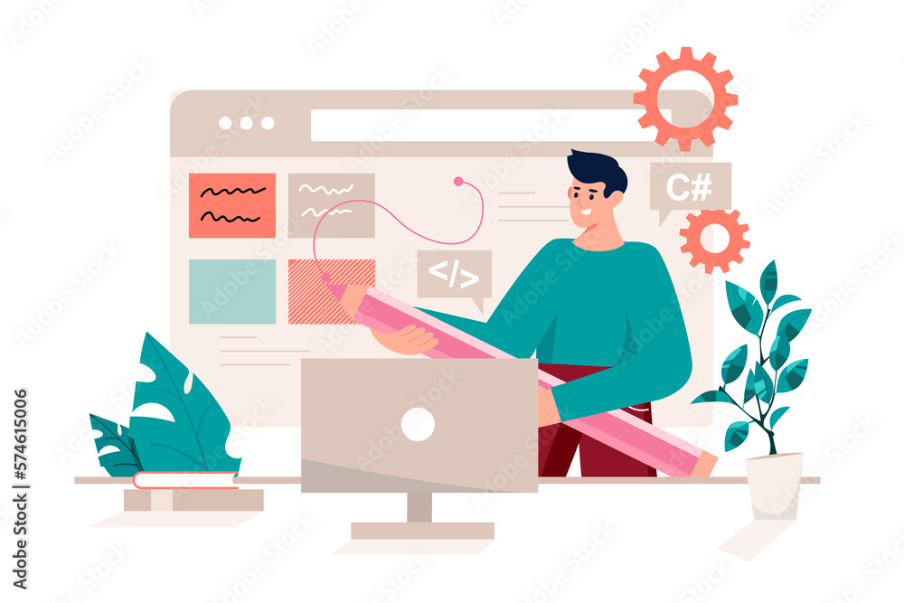 UI UX programming pink concept with people scene in the flat cartoon ...