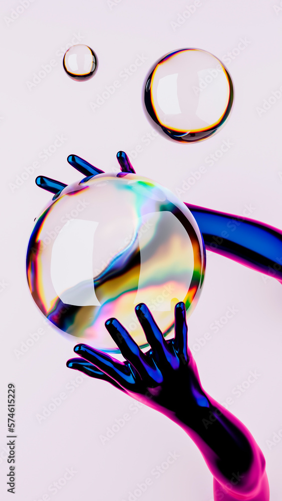 3d rendering hands holding glass sphere, soap bubble. Abstract human ...
