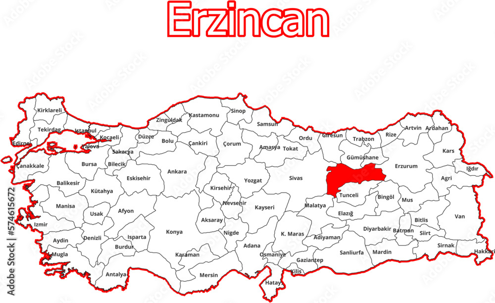 Vektorkarte der Türkei - mit Landkreiskarte des Districts Erzincan ...