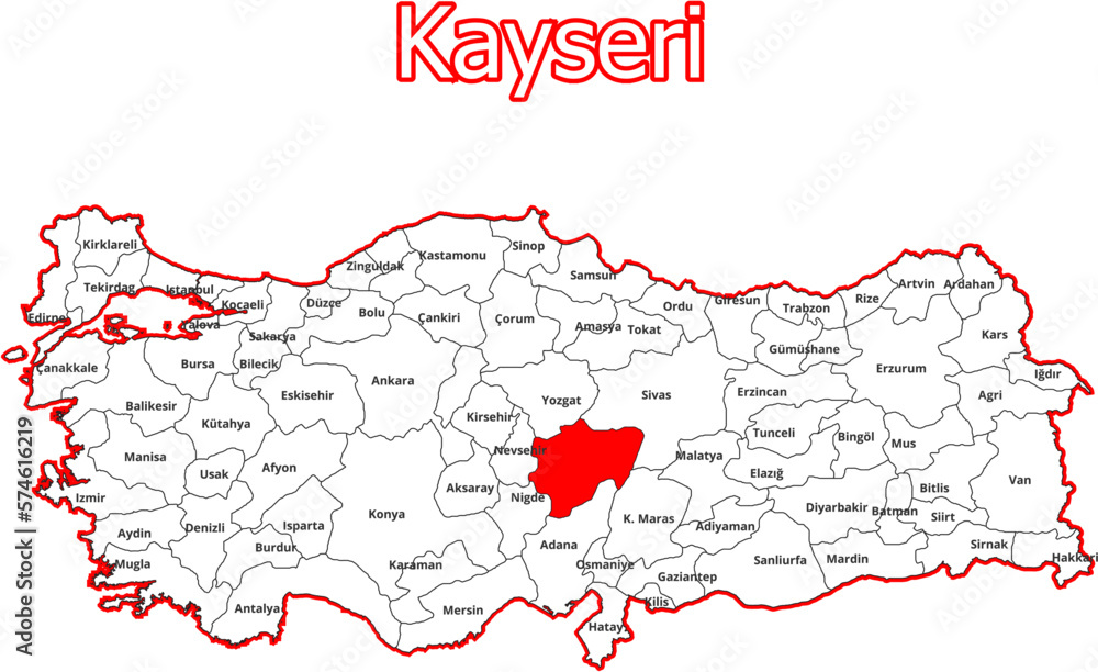 Vektorkarte der Türkei - mit Landkreiskarte des Districts Kayseri Stock ベクター | Adobe Stock