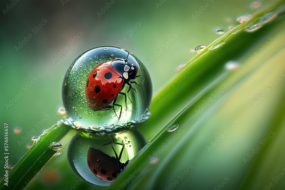 ladybug on grass leaf with dew drops. beautiful colorful ladybug flight ...