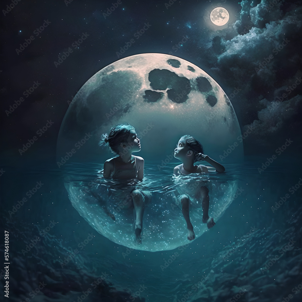 Fantasy dream, two children swimming in spcace near and at the moon ...