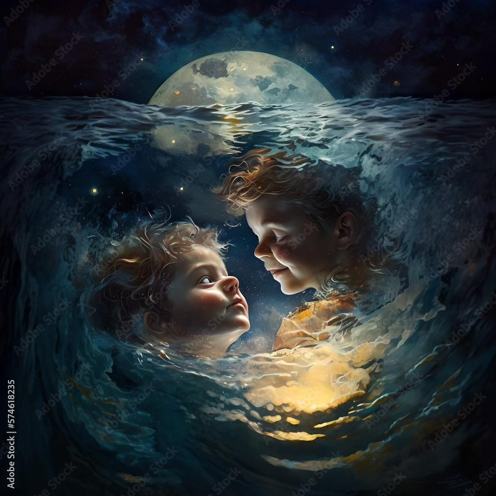 Fantasy dream, two children swimming in spcace near and at the moon ...