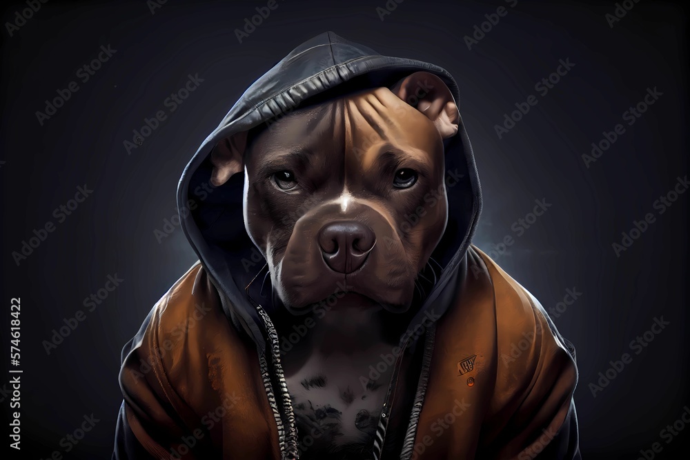 American bully wearing human clothing. Solid color background, studio ...